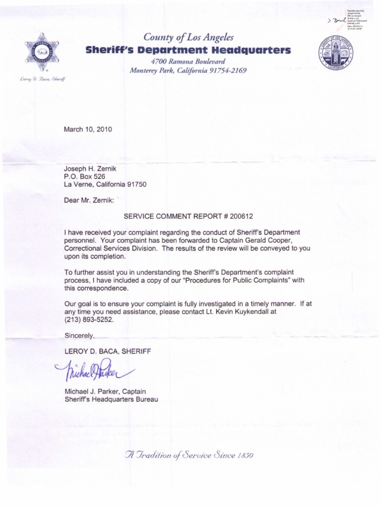 10-03-10 Los Angeles Sheriff Letter To DR Zernik Re Service Comment ...