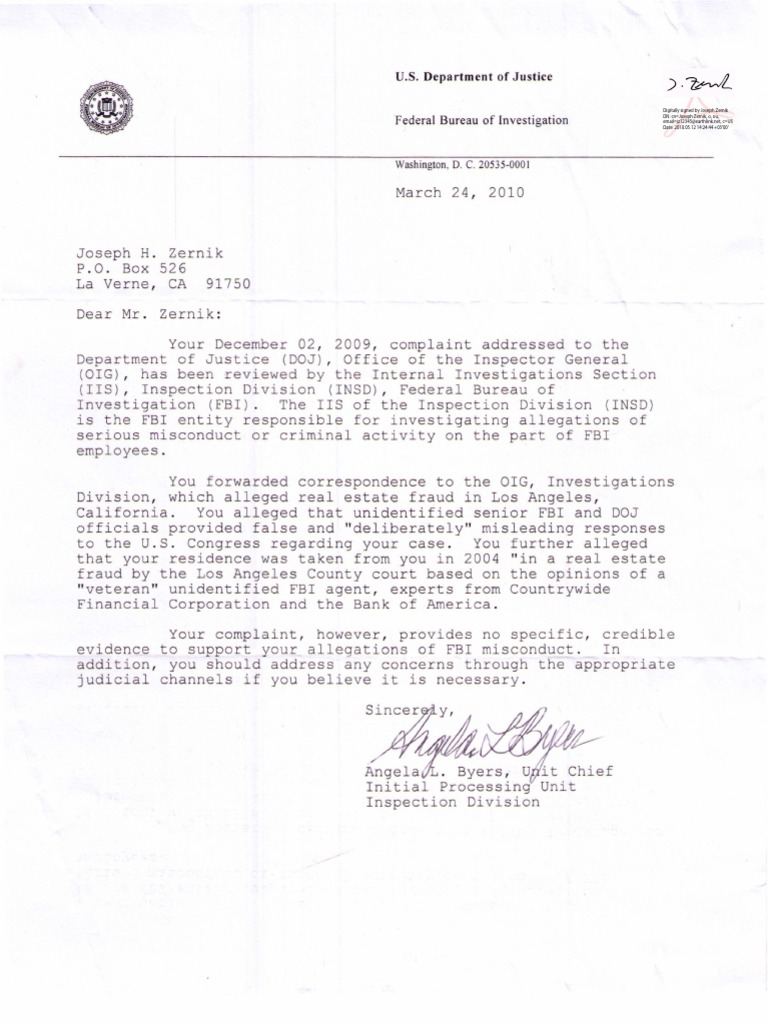 10-03-24 FBI Letter To DR Zernik - Obstructionist Response On Complaint ...
