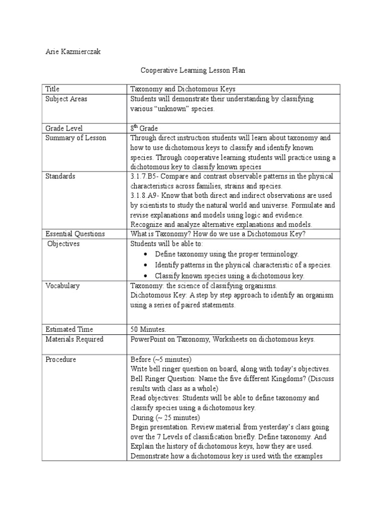 Dichotomous Key Lesson Plan | PDF | Lesson Plan | Educational Assessment