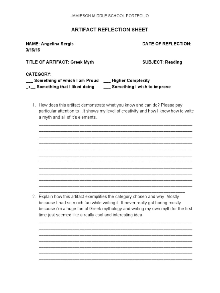 Artifact Reflection Sheet: Jamieson Middle School Portfolio | PDF ...