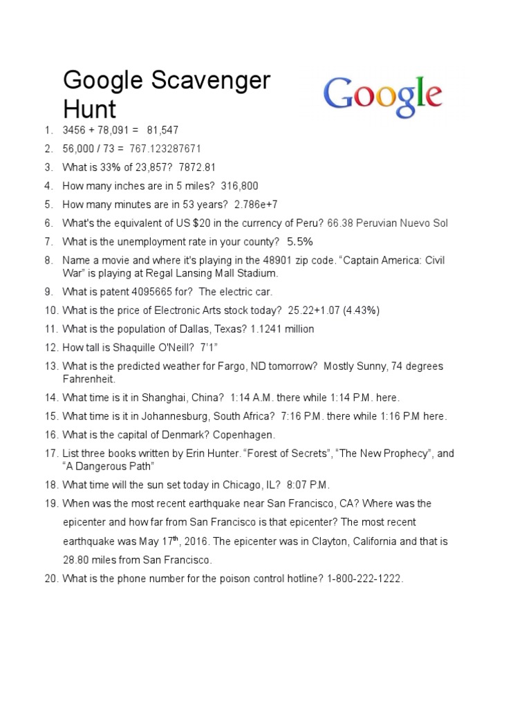 Google Scavenger Hunt Answers | PDF | Computers
