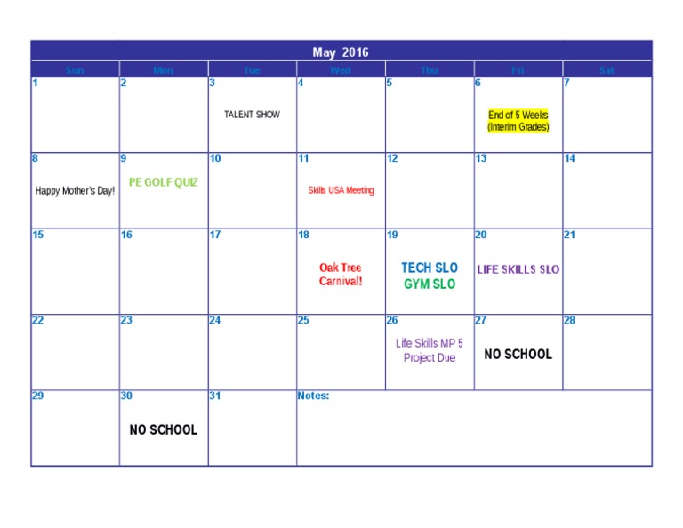 May 2016 School Events Calendar | PDF