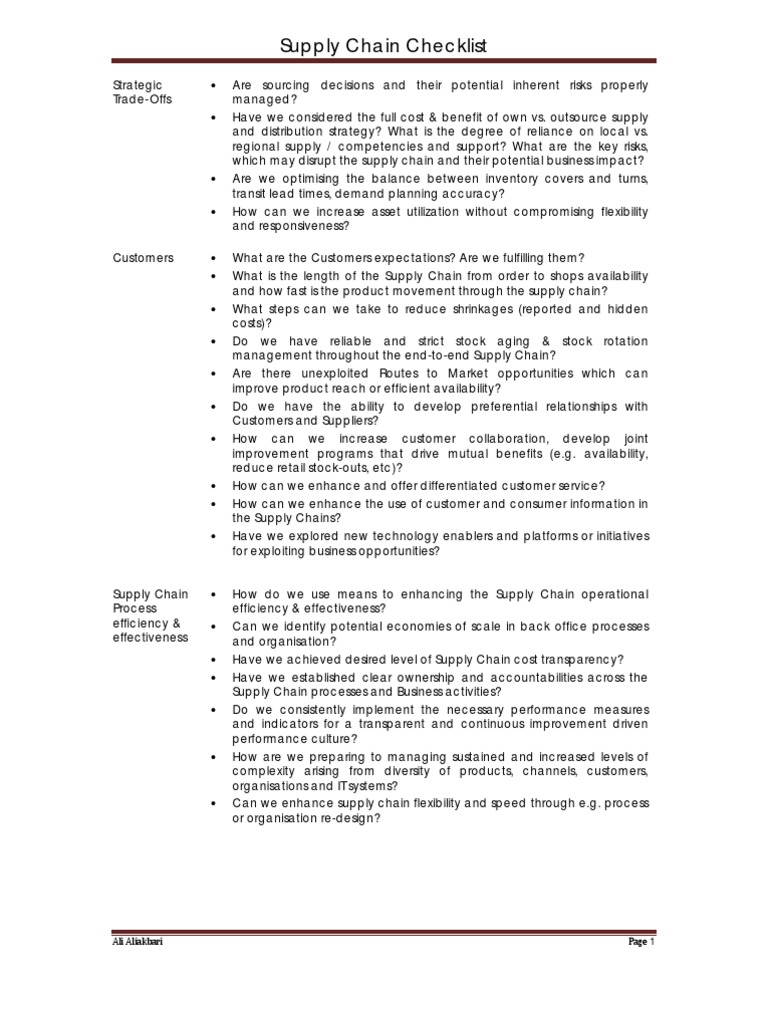 Supply Chain Checklist | PDF | Supply Chain | Logistics