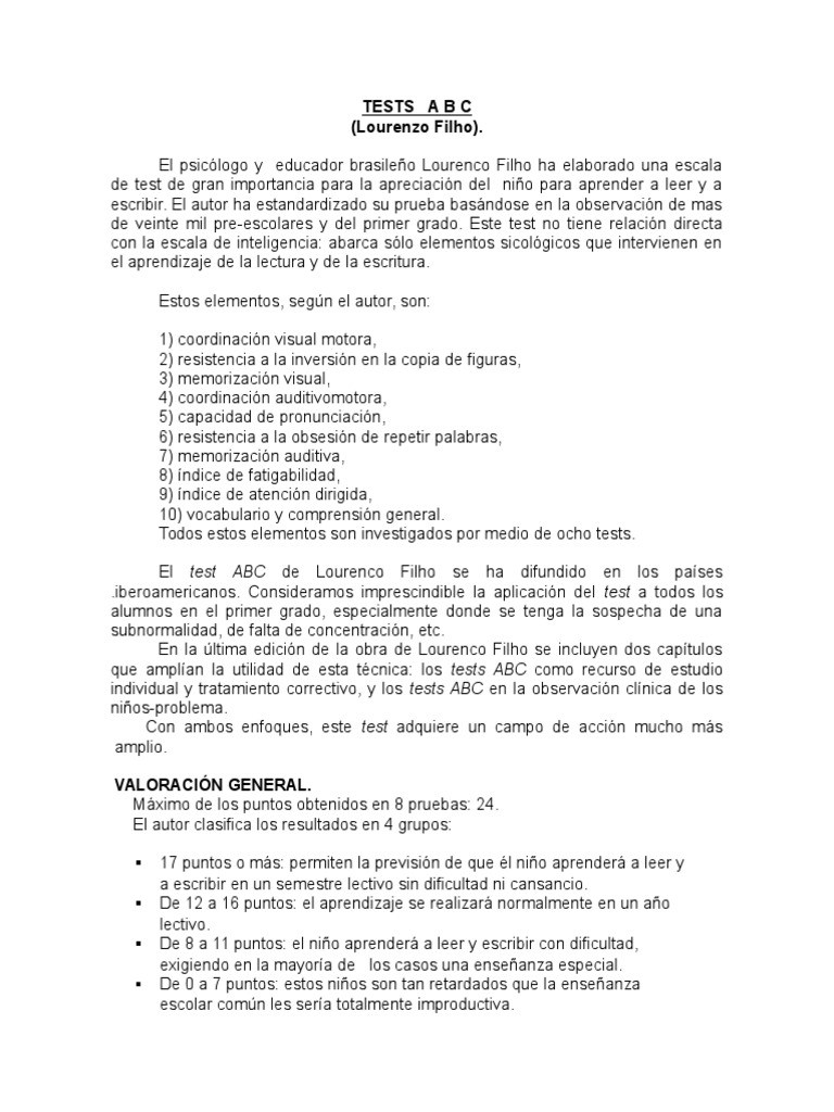 Test ABC de Lourenco Filho para Aprendizaje Infantil | PDF | Lectura ...