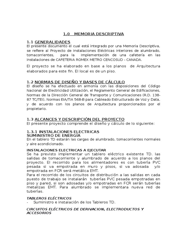 Memoria Descriptiva Instalaciones Electricas Cencosud Canada | PDF | Energia electrica | Batería ...