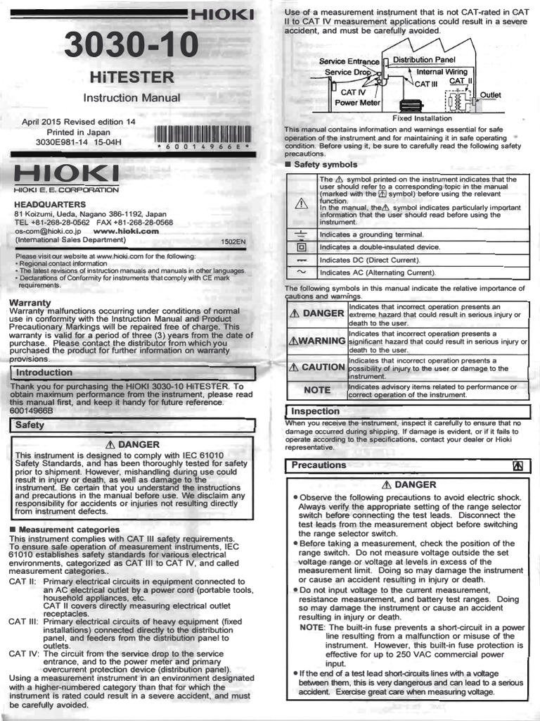 Manual Hioki 3030-10 HITESTER | PDF | Battery (Electricity) | Switch