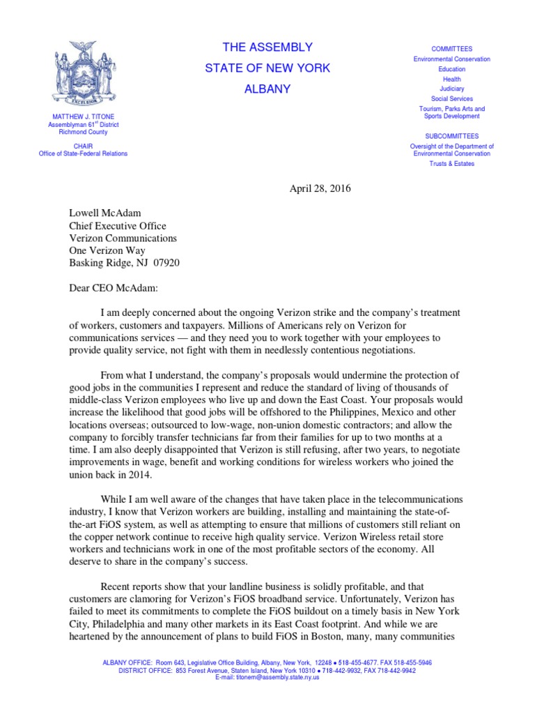 Assemblyman Matthew Titone's Letter | PDF | Verizon Communications ...