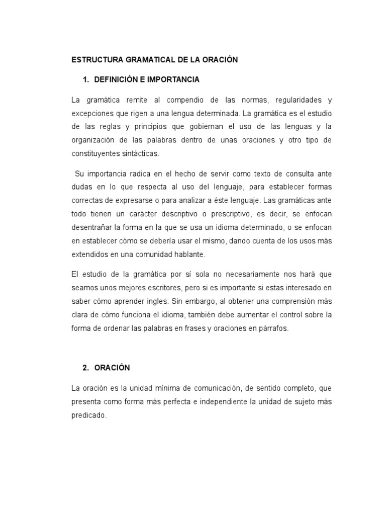 Estructura Gramatical De La Oración Pdf Verbo Asunto Gramática