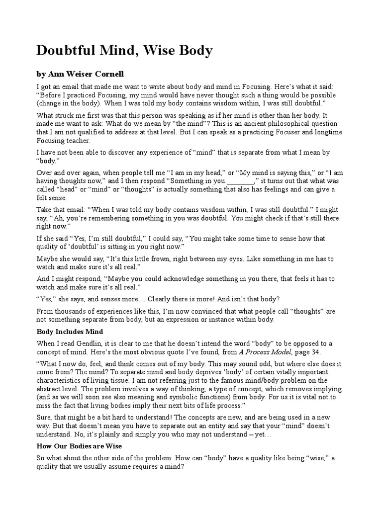 Doubtful Mind, Wise Body - Ann Weiser | PDF | Mind | Wisdom