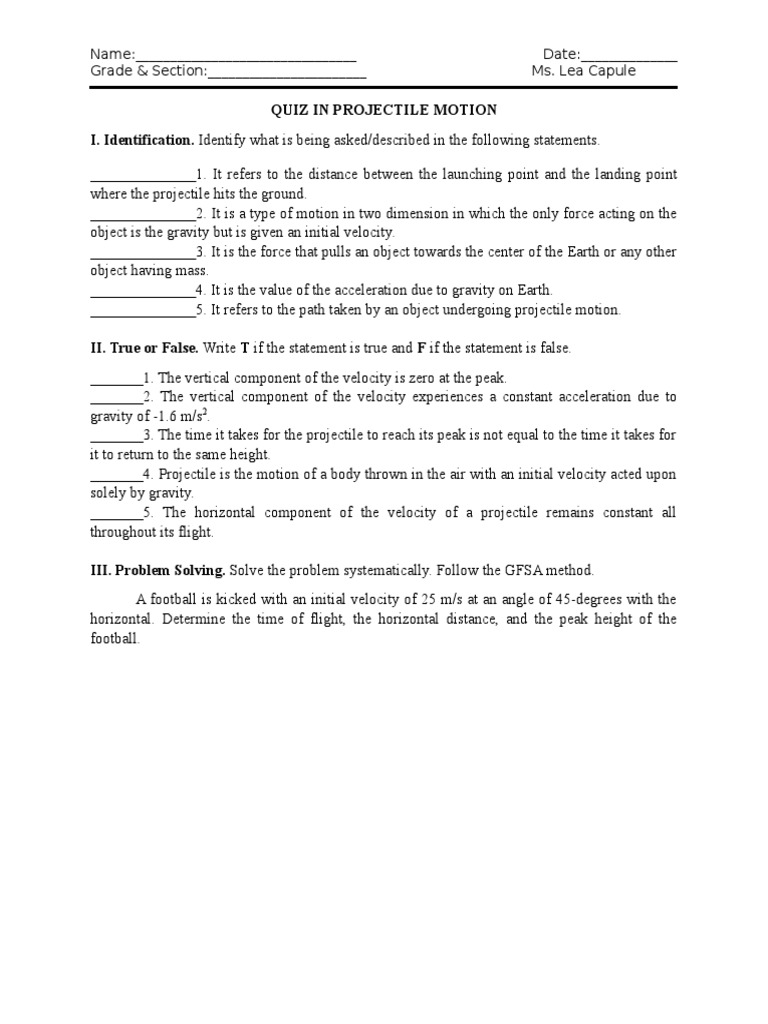 Projectile Motion Quiz for Students | PDF | Career & Growth | Teaching ...