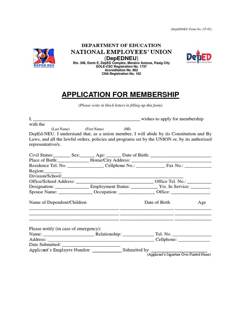 DepEd NEU New Application For Membership | PDF