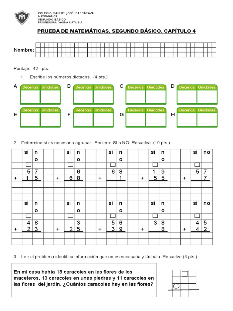 Prueba de Matemática Segundo Basico