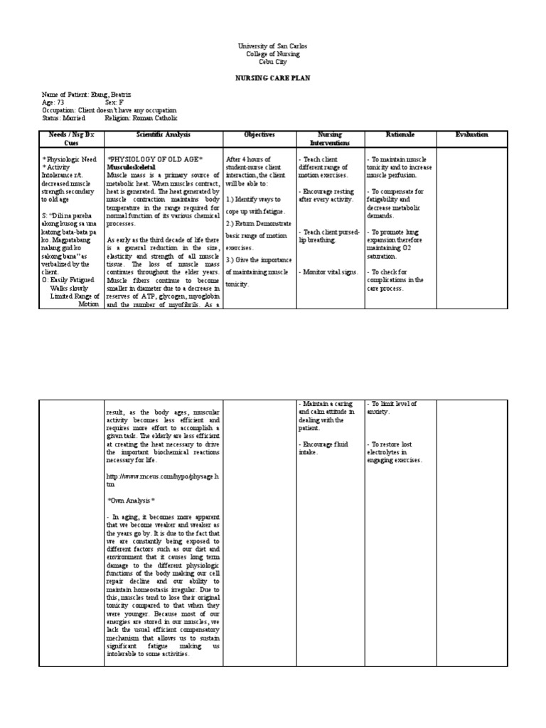 Geriatric Nursing (Nursing Care Plan) #1: Activity Intolerance ...