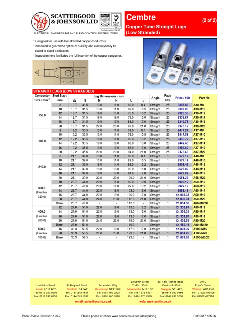 Cembre: Copper Tube Straight Lugs (Low Stranded) | PDF