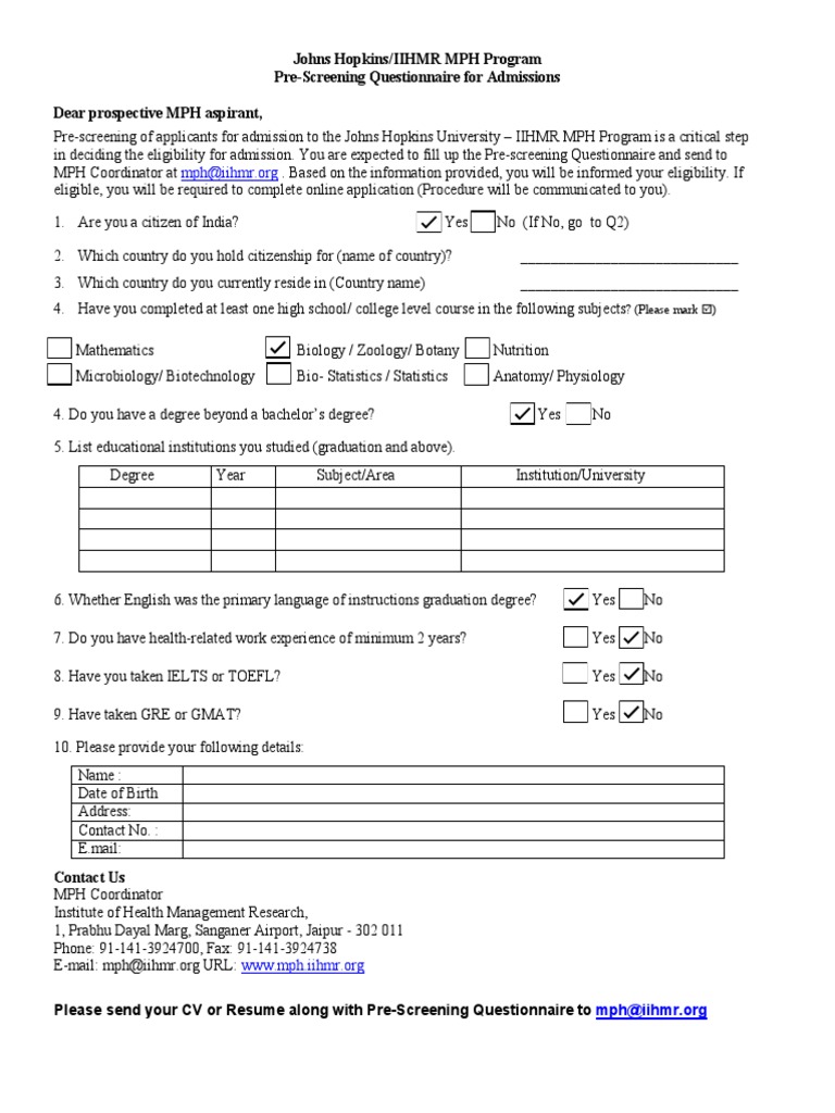MPH Pre-Screening Questionnaire | PDF