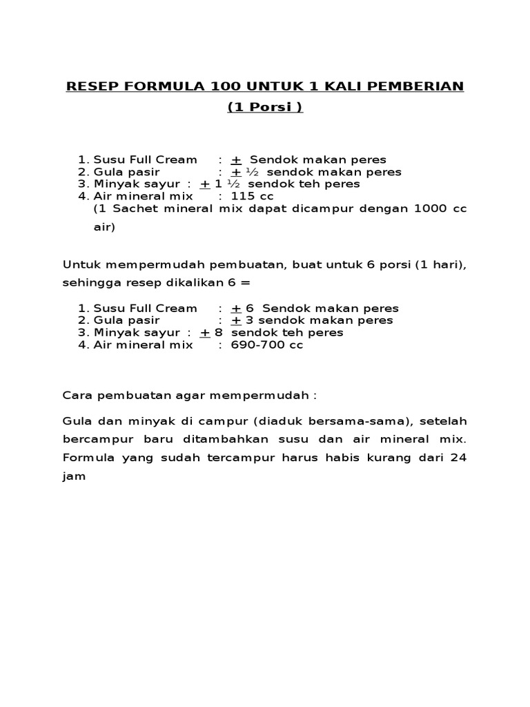 Resep Formula 100 Untuk 1 Kali Pemberian | PDF
