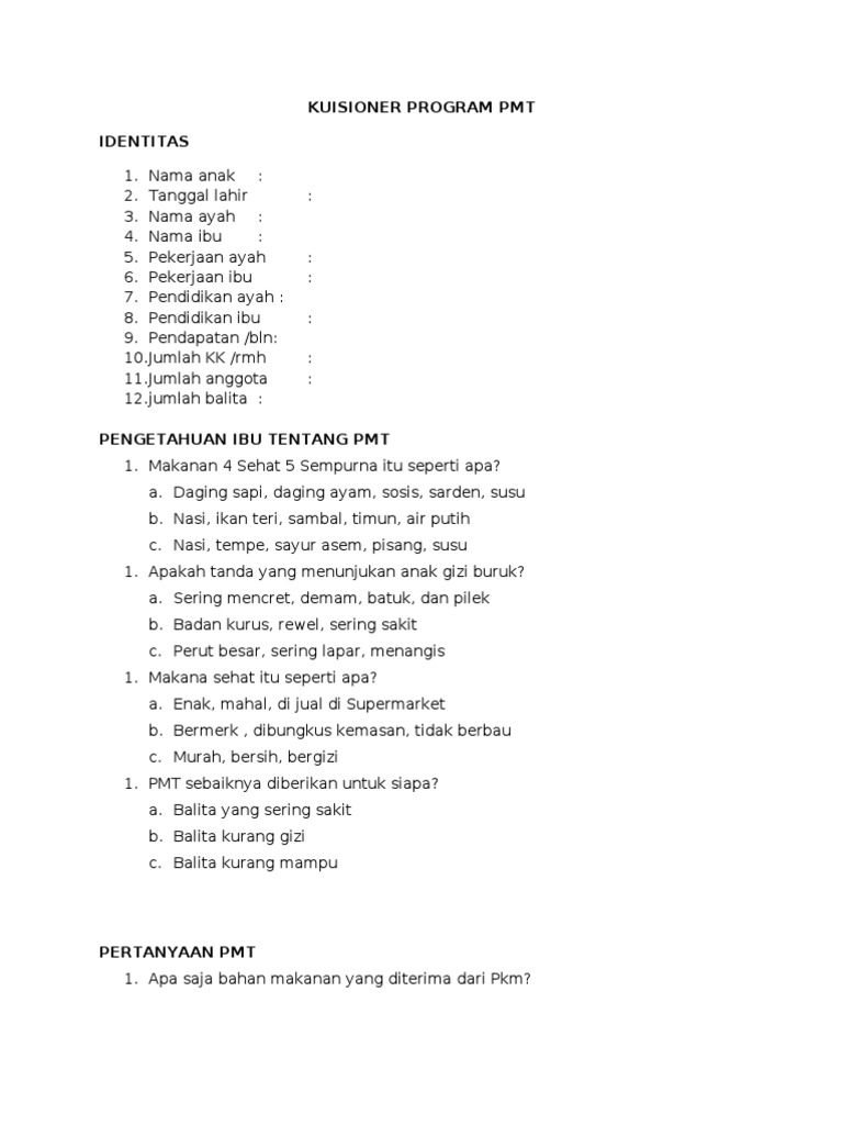 Kuisioner Program PMT | PDF