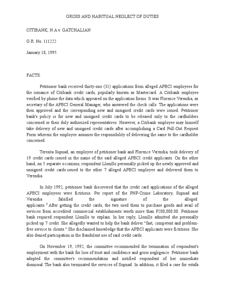 Gross and Habitual Neglect of Duties Cases | PDF | Credit Card | Employment