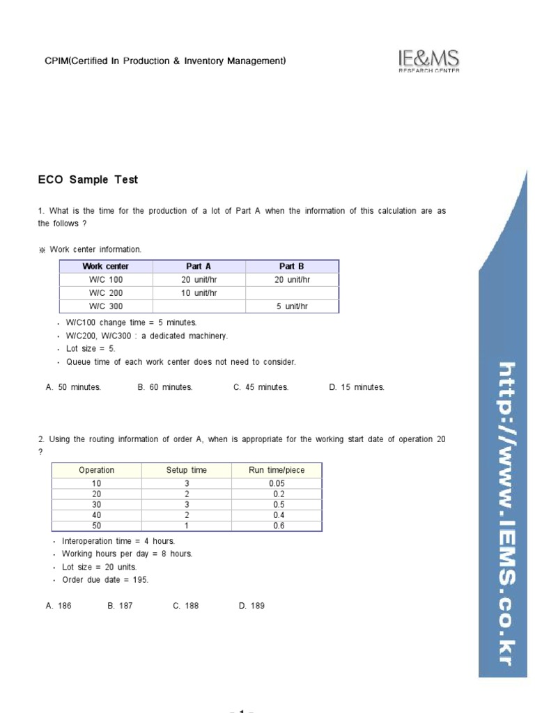 ECO Sample Test: Production & Efficiency | PDF | Inventory | Labour ...