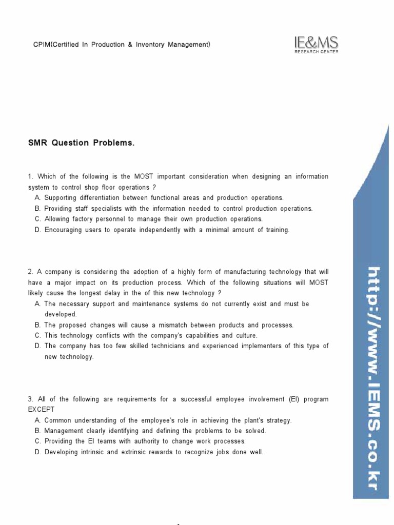 CPIM SMR Sample Test | PDF | Inventory | Reliability Engineering
