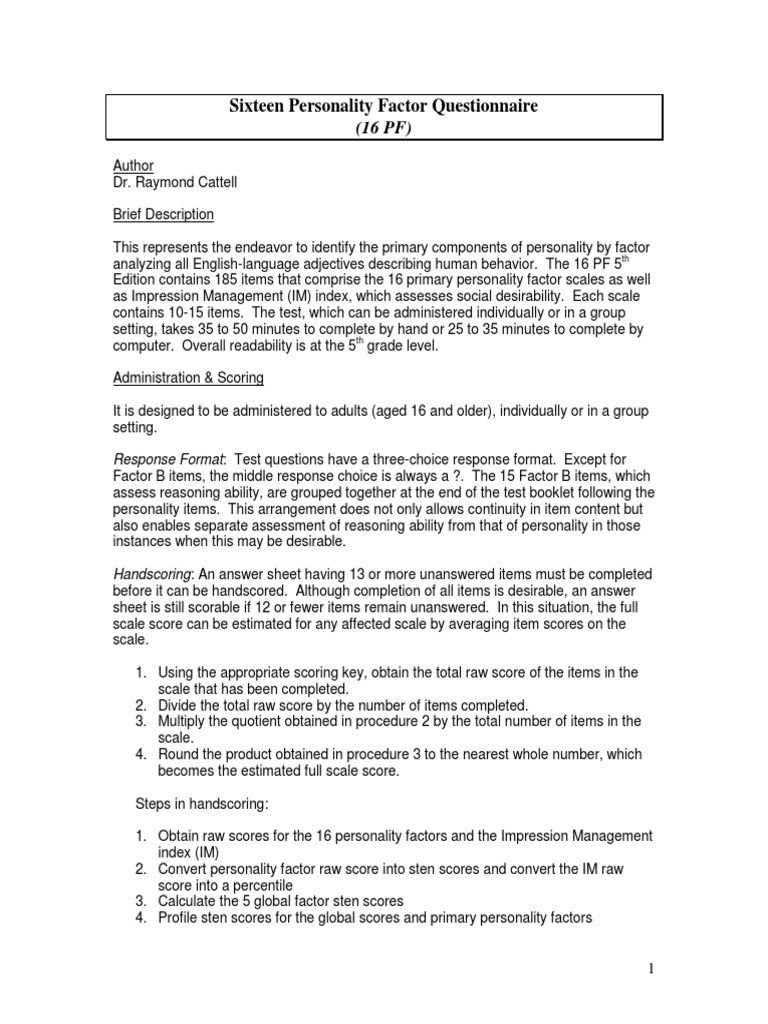 16PF Personality Questionnaire Guide | PDF | Extraversion And ...