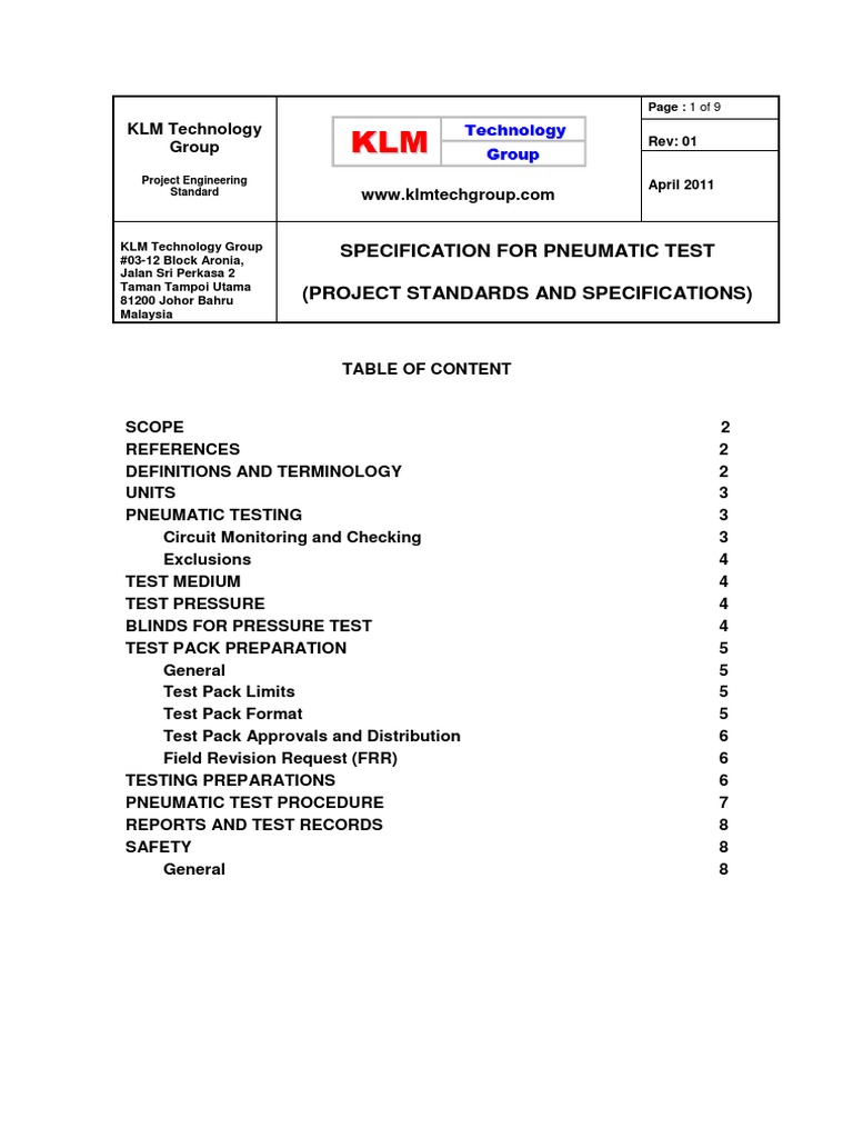 Pneumatic Testing Specification Guide | PDF | Leak | Specification ...