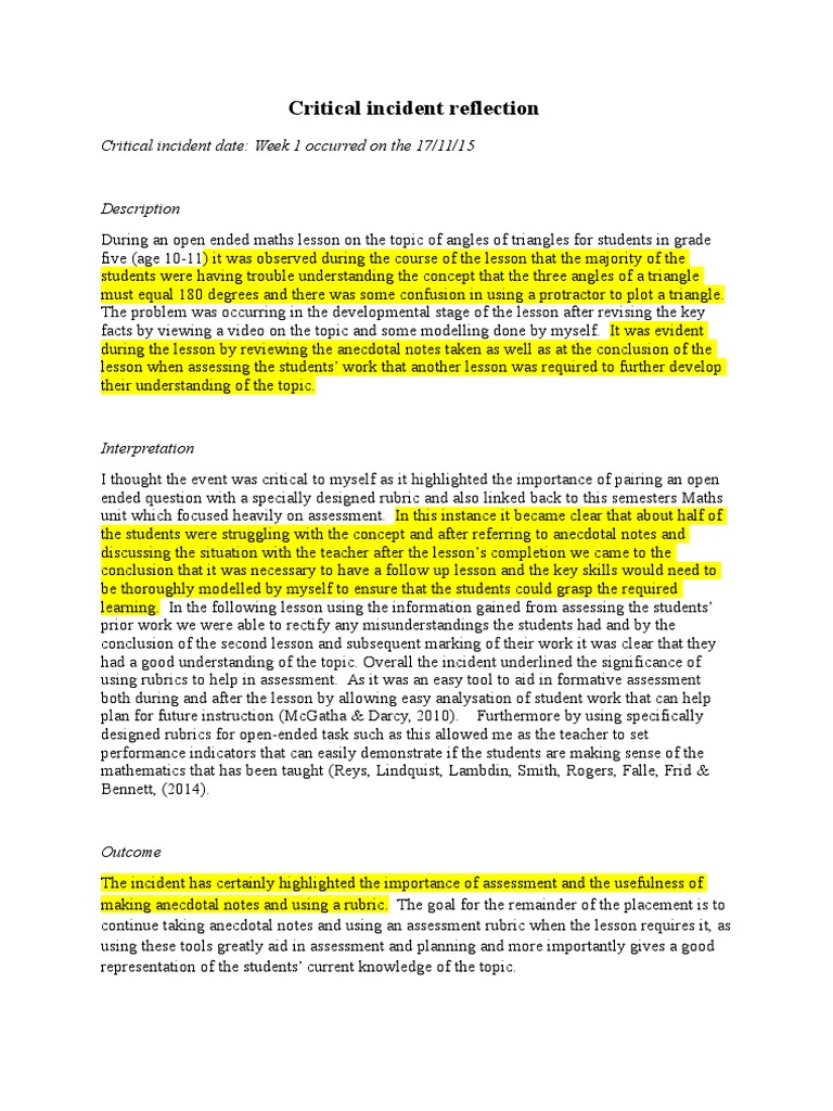 Critical Incident Reflection - Week 1 | PDF | Educational Assessment ...
