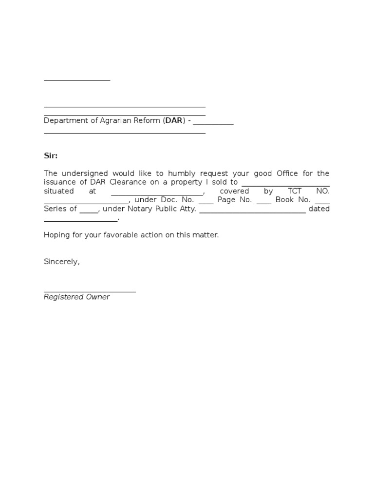 DAR Clearance Request Letter Sample | PDF | Finance & Money Management