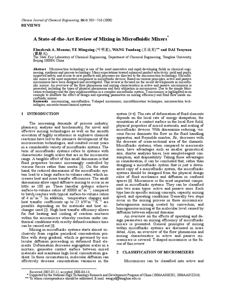 A State-Of-The-Art Review of Mixing in Microfluidic Mixers | PDF | Microfluidics | Viscosity