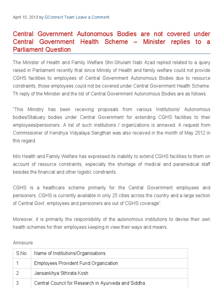 Central Government Autonomous Bodies - Not Covered Under CGHS | PDF ...