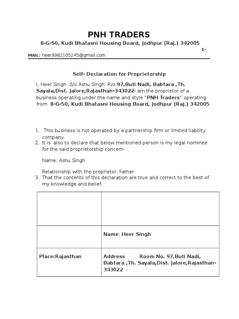 Self-Declaration For Proprietorship | PDF