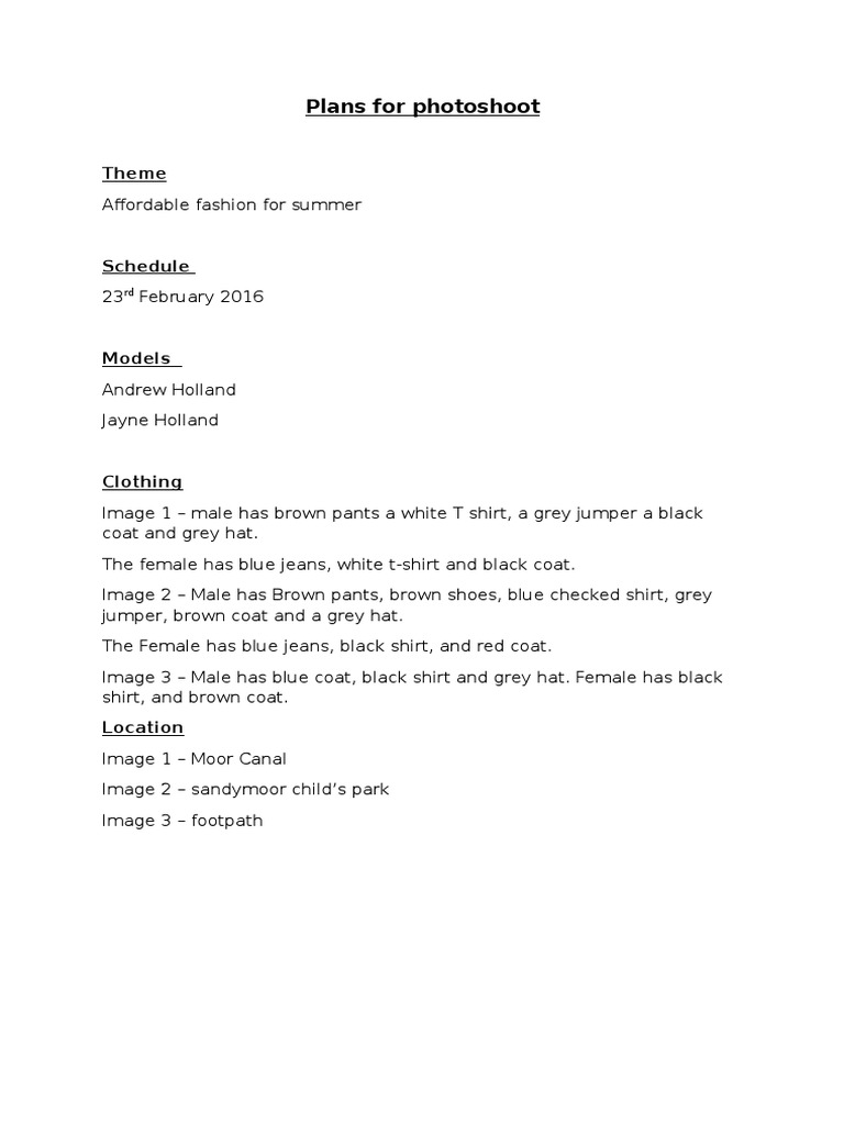 Plans For Photoshoot | PDF