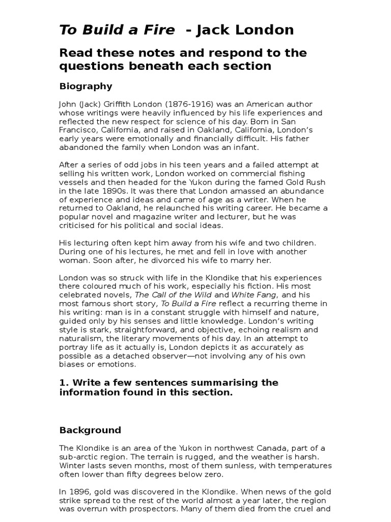 To Build A Fire - Plot Summary Vocab and Questions | PDF | Jack London ...