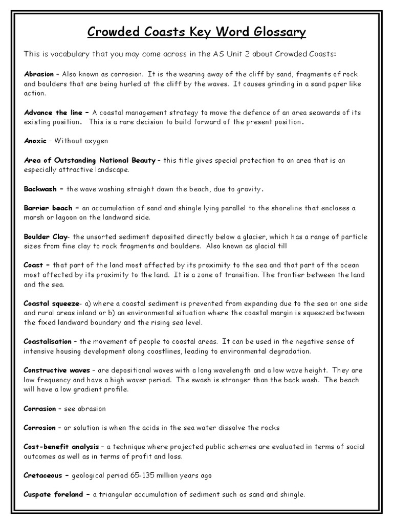 Crowded Coasts Vocabulary Glossary | PDF | Coast | Sea