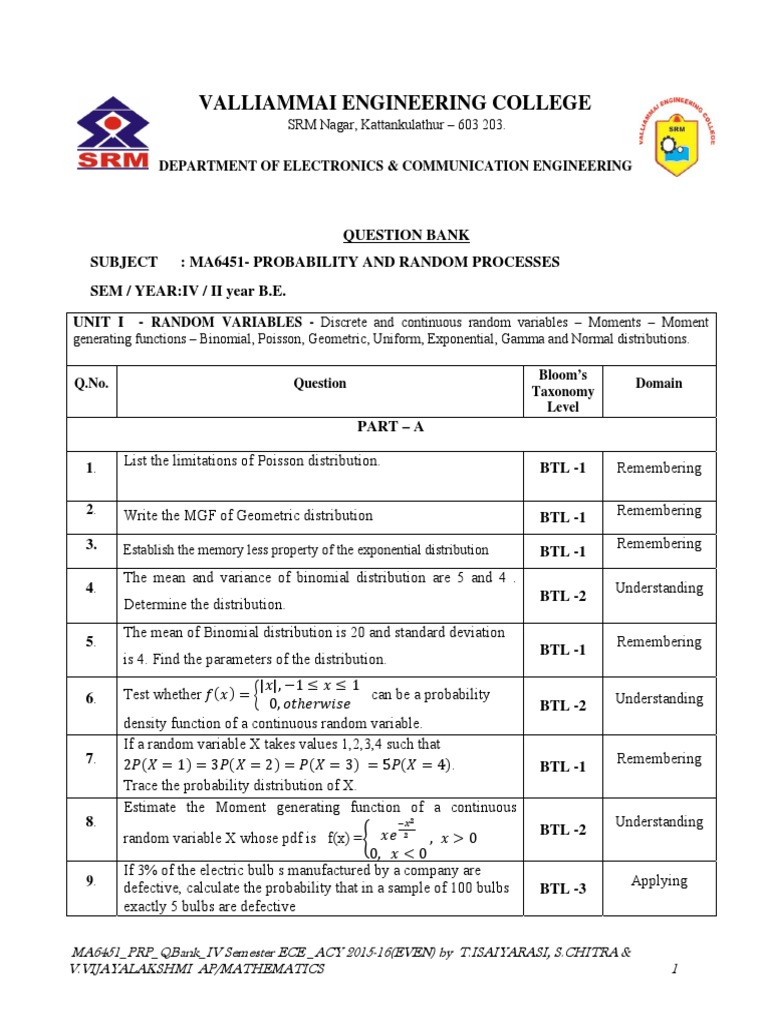 Probability and Random Processes QBank | PDF | Autocorrelation | Probability Density Function