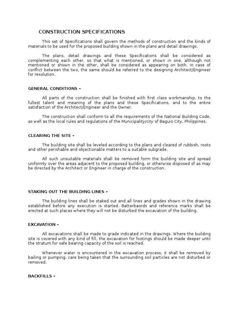 Sample Construction Specifications | PDF | Framing (Construction) | Concrete