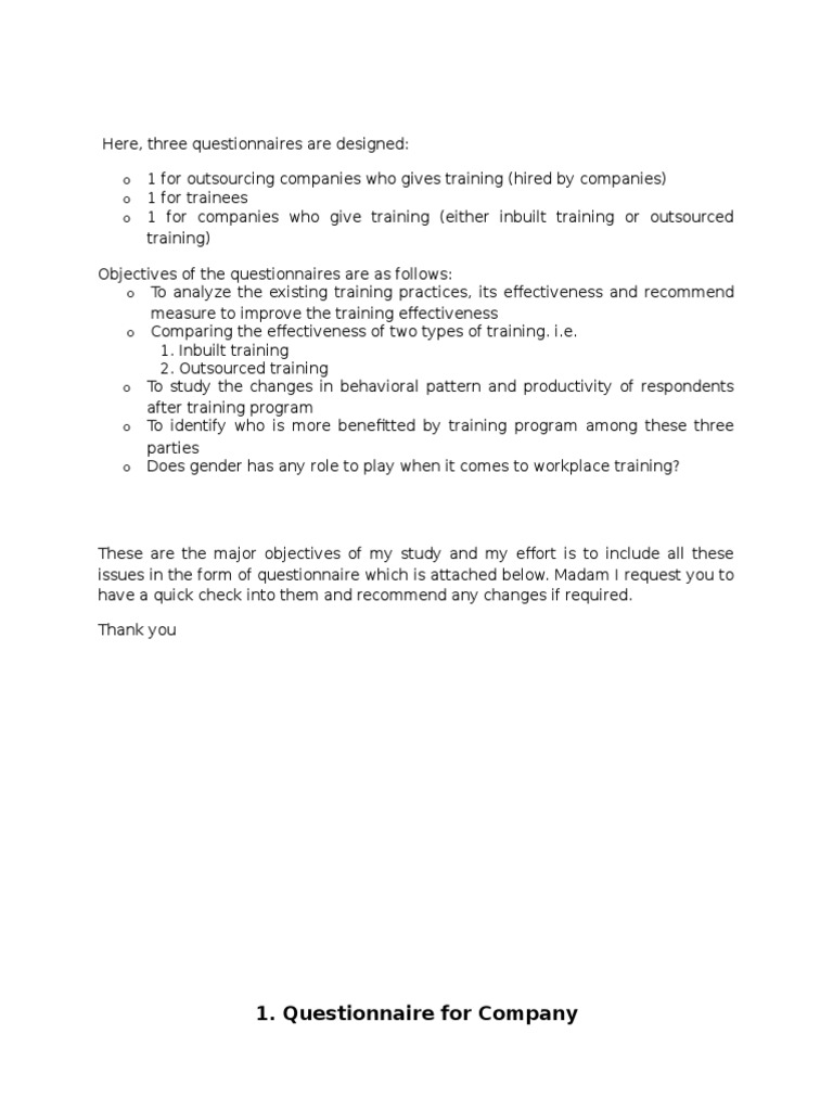 Training Questionnaire | Download Free PDF | Questionnaire | Outsourcing