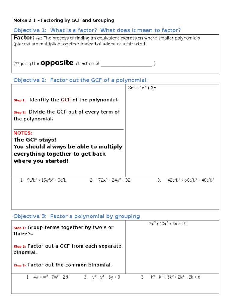 Notes 2.1 - Factoring GCF and Grouping | PDF | Teaching Methods ...