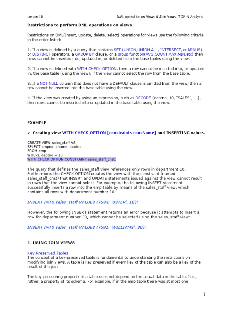 Restrictions To Perform DML Operations On Views | PDF | Table (Database) | Sql