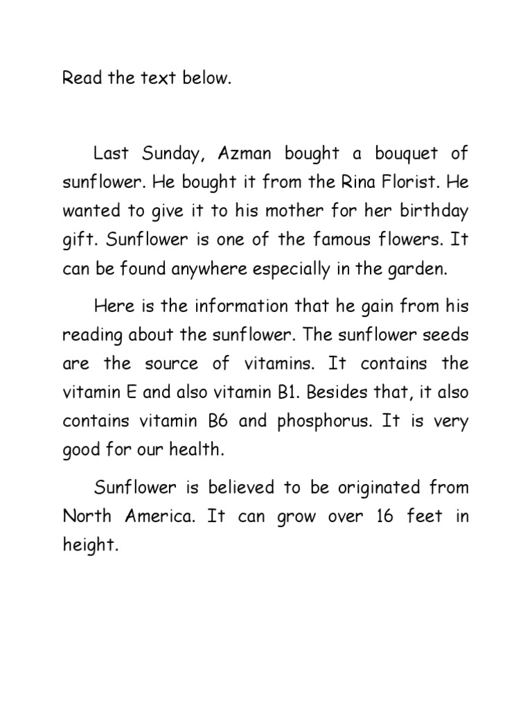 Sunflower Reading Text | PDF | Home & Garden | Wellness