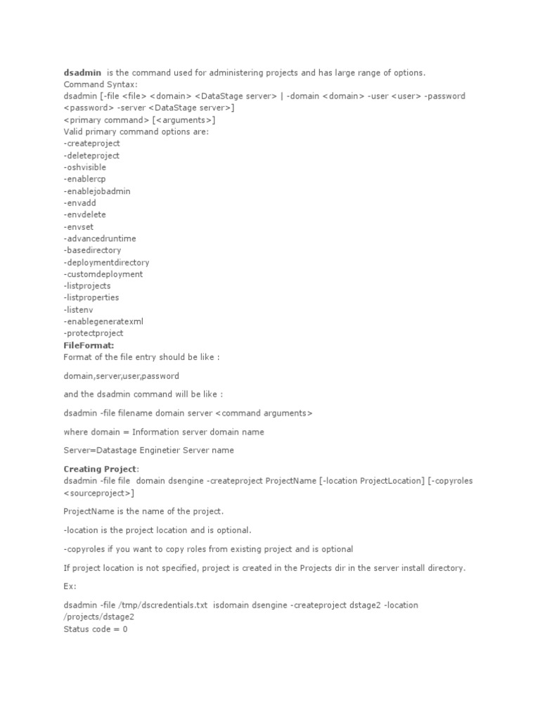 Dsadmin Command For Administering Projects | PDF | Command Line Interface | File Format