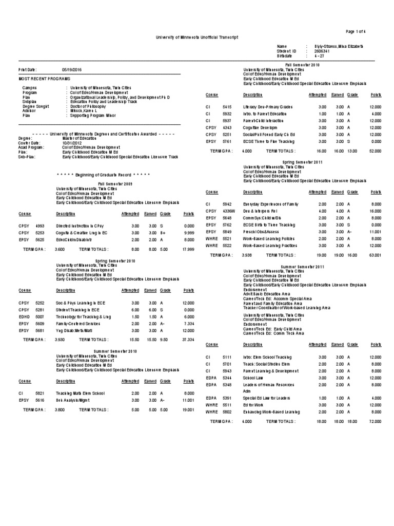 uofmtranscript | Early Childhood Education | Developmental Psychology