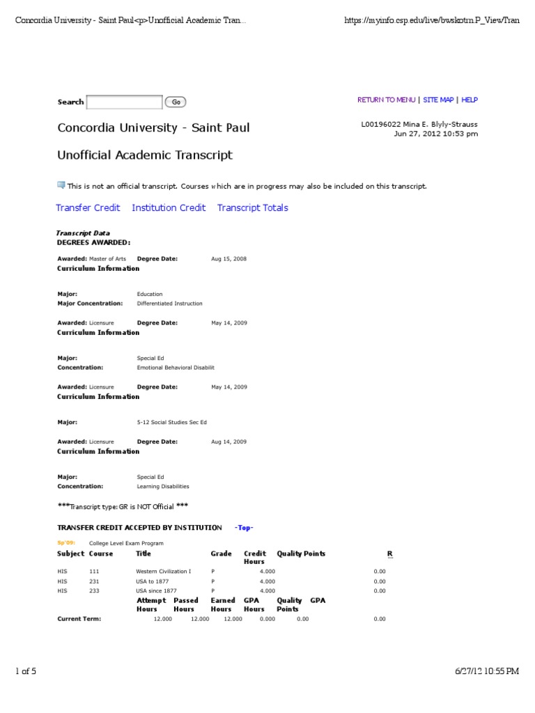 concordia university - saint paul unofficial academic transcript ...