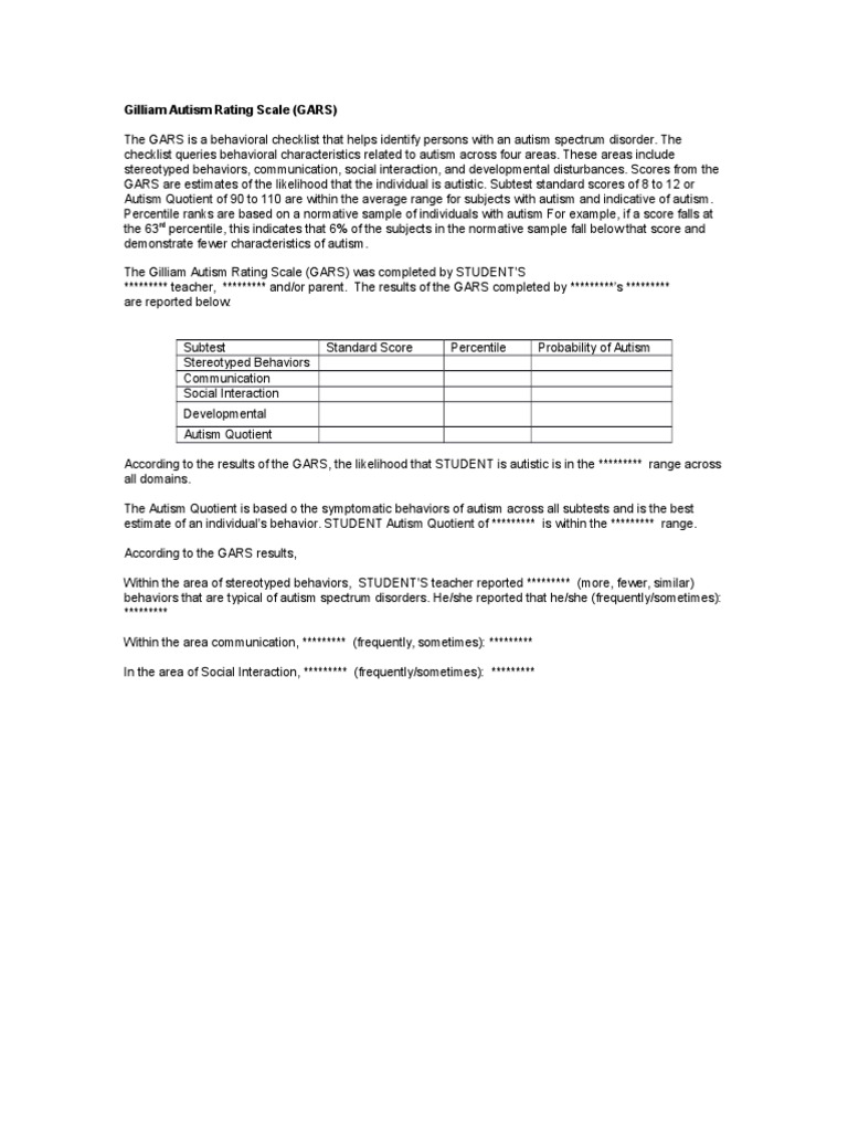 Gilliam Autism Rating Scale (GARS) | PDF | Autism Spectrum ...