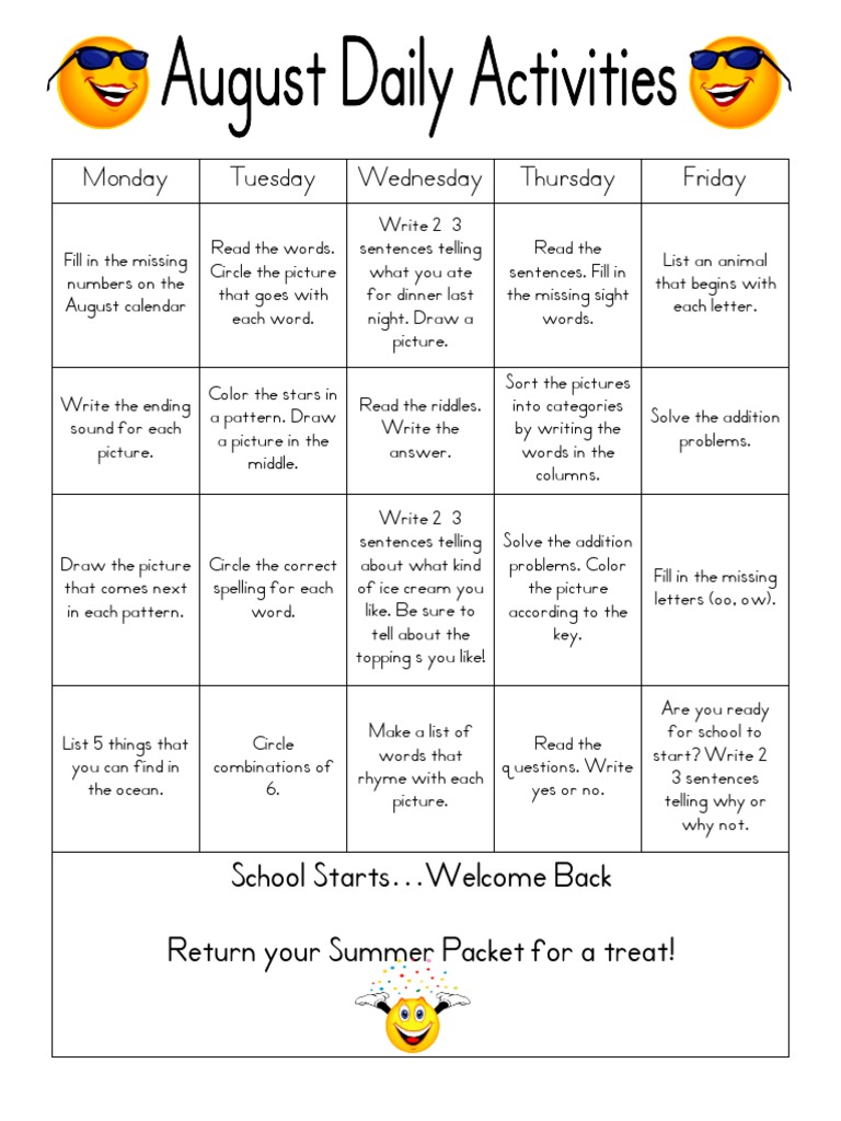 August Calendar Activities | PDF | Language Arts & Discipline