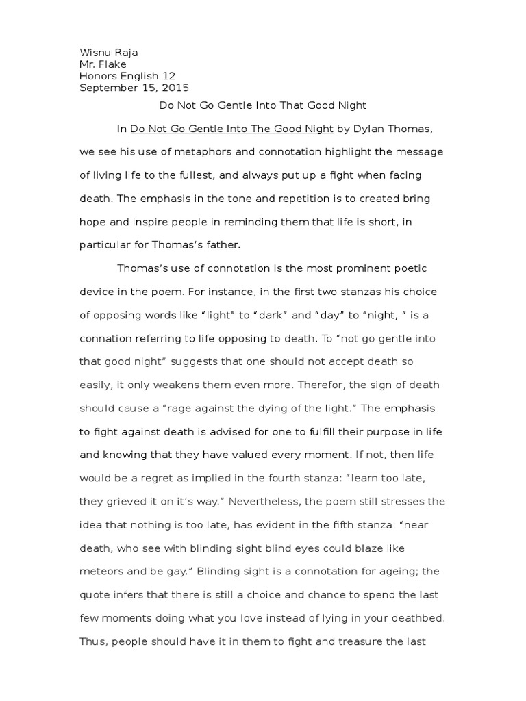Do Not Go Gentle Into That Good Night 2 | PDF | Metaphor | Poetry