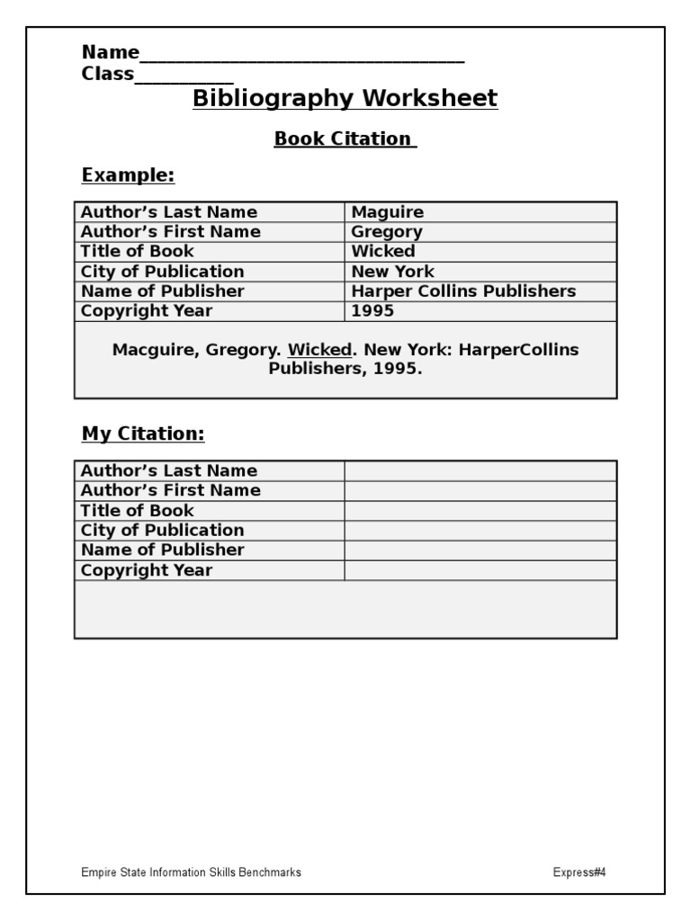 Bibliography Worksheet: Name - Class - Book Citation Example | PDF