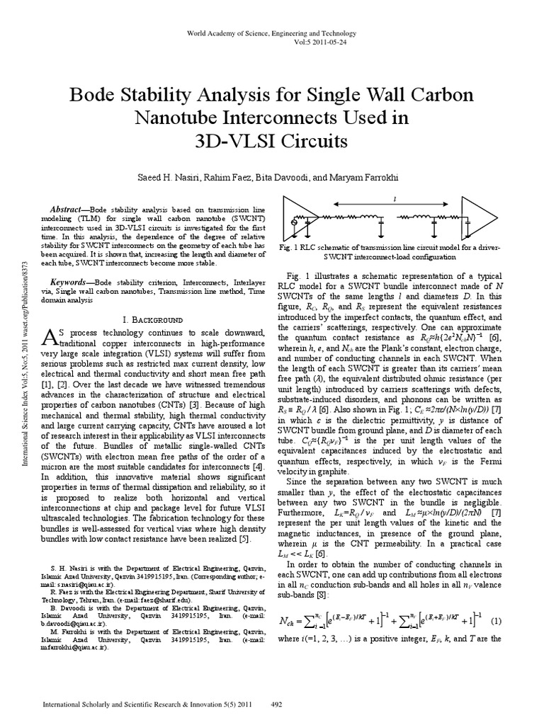 Bode Stability Analysis For Single Wall Carbon Nanotube Interconnects Used in 3D VLSI Circuits ...