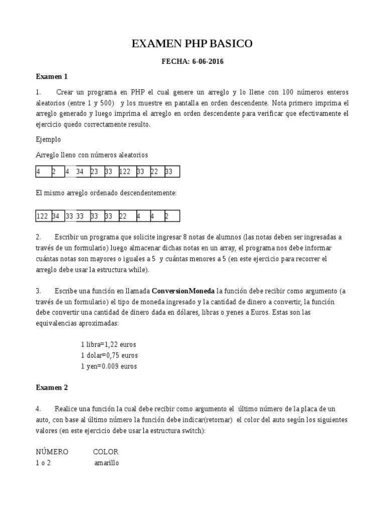 Análisis de exámenes de PHP básico con énfasis en arreglos, funciones y estructuras de control ...