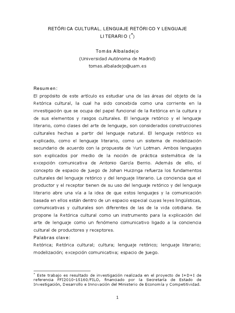 Retórica Cultural, Lenguaje Retórico y Lenguaje Literario | PDF ...